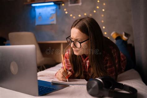 College Woman Student Studying Doing Homework Preparing For Exams Lying