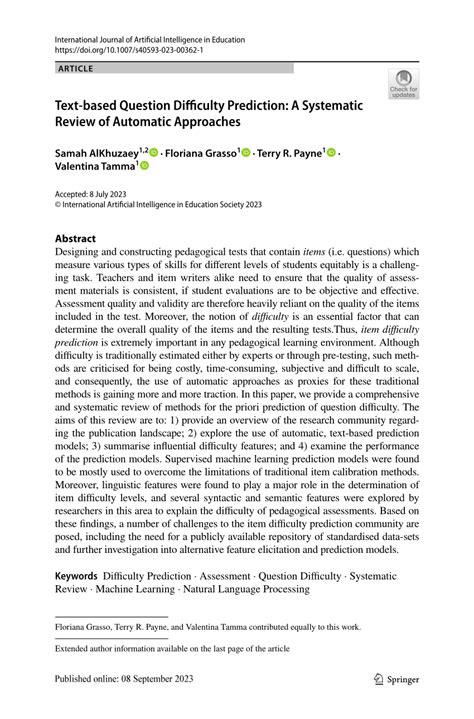 Pdf Text Based Question Difficulty Prediction A Systematic Review Of