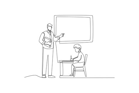 Single One Line Drawing Male Teacher Standing At Whiteboard Teaching