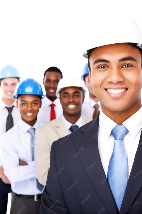 Grupo De Trabajadores Multirraciales Vistiendo Casco De Trabajo Y