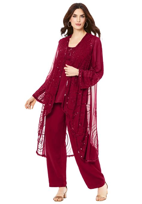 Roamans Womens Plus Size Three Piece Beaded Pant Suit Formal Evening