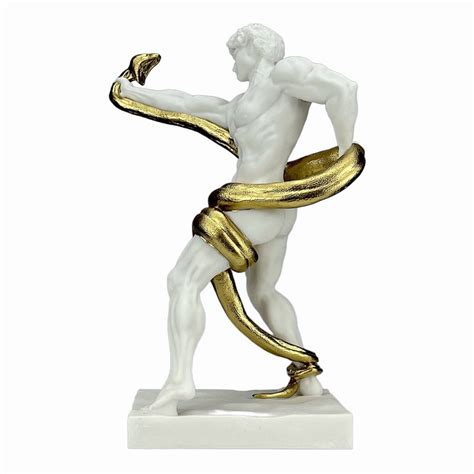 An Athlete Wrestling With A Gold Python Man Snake Cast Marble Statue