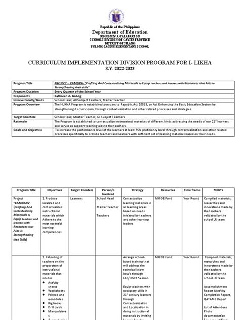 Work Plan Project I Likha Pdf Teachers Education Theory