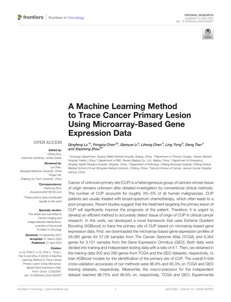 pdf a machine learning method to trace cancer primary lesion using
