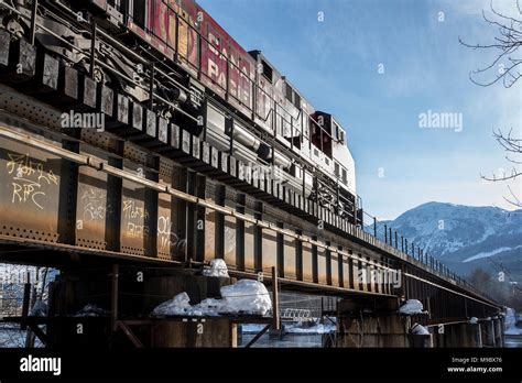 Cpr Loco 9705 Pushes Intermodal Train In Winter Over Columbia River