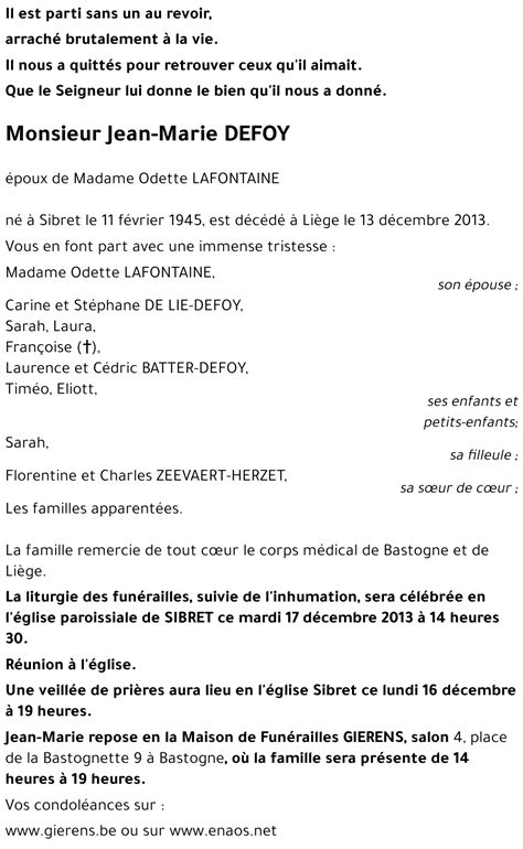 Avis De Décès De Jean Marie Defoy Décédé Le 13122013 à Liège