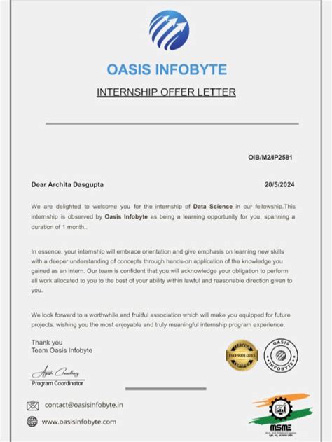 Archita Dasgupta On Linkedin Thrilled To Share That I Got An Internship Offer From Oasis