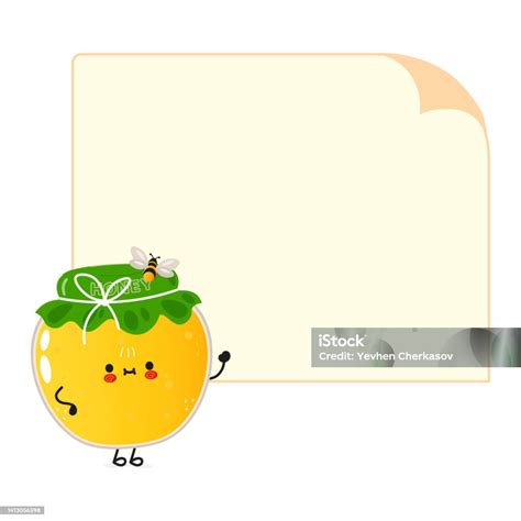 꿀 포스터 캐릭터의 귀여운 재미있는 항아리 벡터 손으로 그린 만화 카와이 캐릭터 일러스트레이션 고립 된 흰색 배경 꿀 포스터의 항아리 개념에 대한 스톡 벡터 아트 및 기타