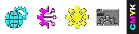 Set Globe Of The Earth And Gear Algorithm Gear And Arrows As Workflow And Browser Setting Icon