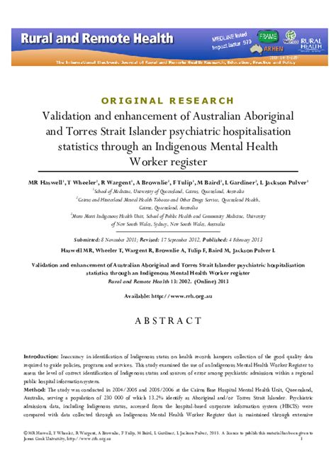 Pdf Validation And Enhancement Of Australian Aboriginal And Torres Strait Islander Psychiatric