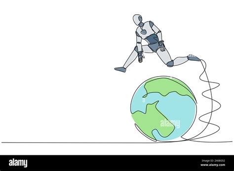Single Continuous Line Drawing Robot Jumping Over Globe International