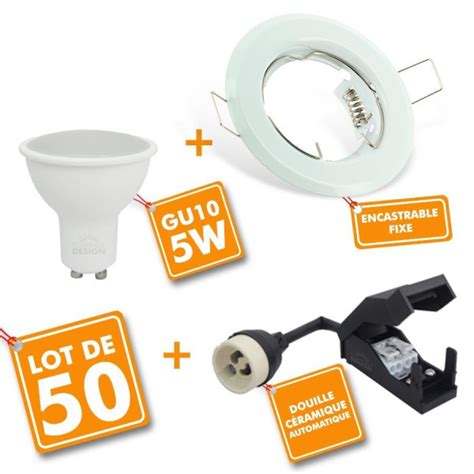 Lot De 50 Spot Led Encastrable Complet Blanc Fixe Avec Ampoule Gu10 5w