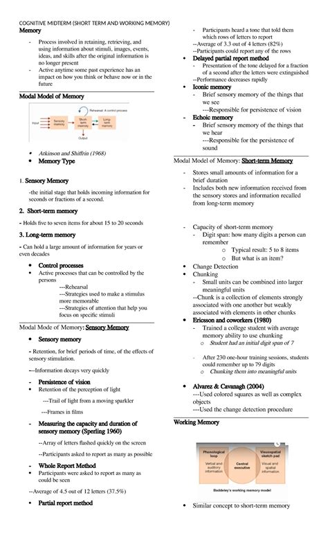 Memory Notes Cognitive Midterm Short Term And Working Memory Memory Process Involved In