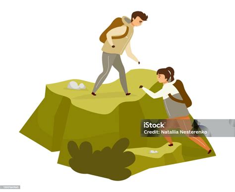 커플 등반 언덕 플랫 컬러 벡터 일러스트 산 봉우리에 남자와 여자 바위에 등산 원정에 등산객 흰색 배경에 관광 고립 된 만화