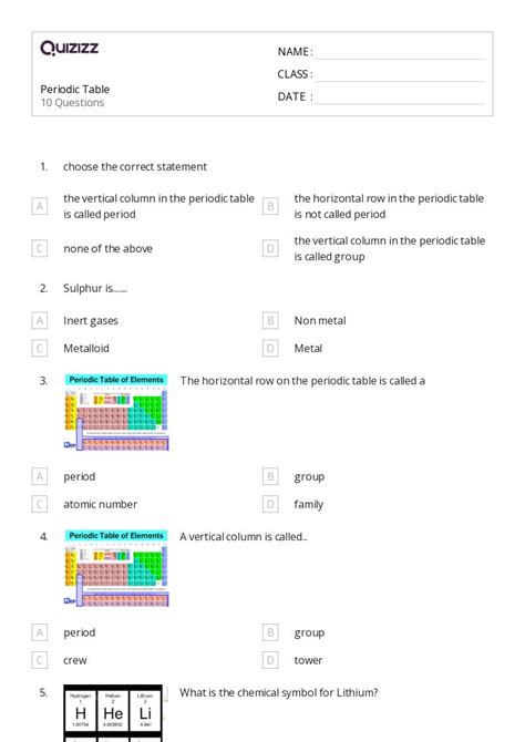 50 Periodic Table Worksheets For 9th Year On Quizizz Free And Printable