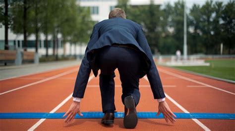 A Man Is Bending Over On A Track With His Hands On His Knees Premium