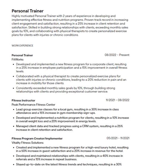 2025 Personal Trainer Resume Example Free Template