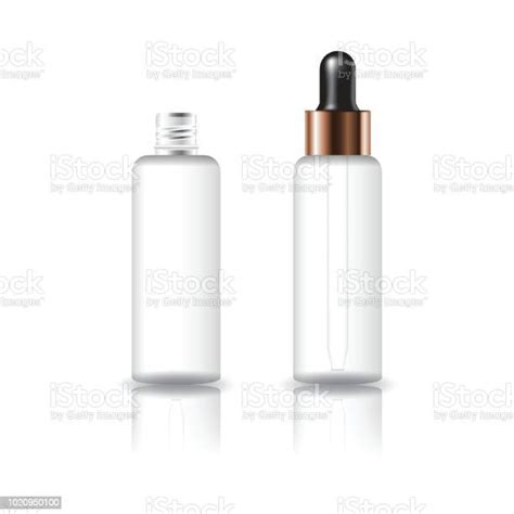 빈 흰색 분명 화장품 라운드 병 스포이드 뚜껑 아름다움 제품 포장에 대 한 반사 그림자와 흰색 배경에 고립 패키지 디자인에