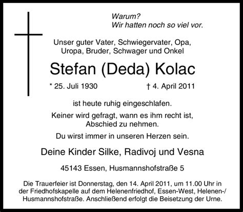 Traueranzeigen Von Stefan Kolac Trauer In Nrw De