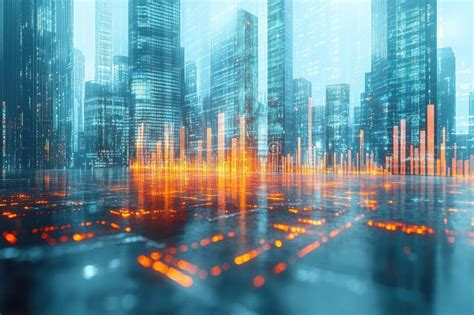 Futuristic Cityscape With Glowing Data Visualizations At Sunrise Stock Illustration