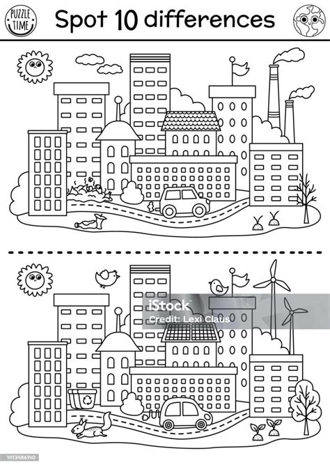 차이점 게임을 찾으십시오 생태 도시 또는 도시와의 생태 흑백 교육 활동 아이들을위한 지구 데이 라인 퍼즐 에코 인식 또는 제로 폐기물 인쇄 가능한 색칠 공부 페이지 다른