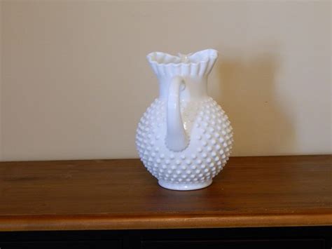 Vintage Fenton Hobnail Milk Glass Pitcher Bowl Ruffle Top Cotton Boll