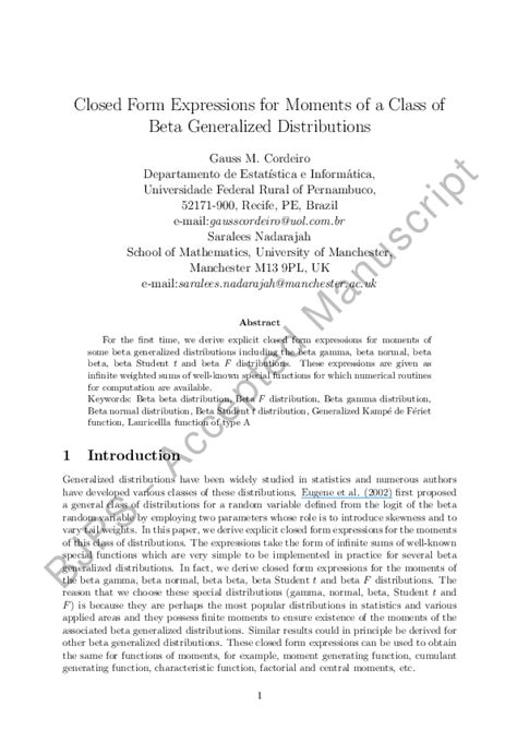 Pdf Closed Form Expressions For Moments Of A Class Of Beta
