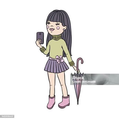 우산을 가진 귀여운 만화 스타일의 소녀가 전화를보고 있습니다 디자인을위한 양식화 된 캐릭터 감정에 대한 스톡 벡터 아트 및 기타