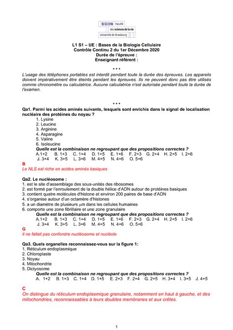 Sujet Bases Bio Cell 2 Dec 2020 Corrigé 1 L1 S1 Ue Bases De La
