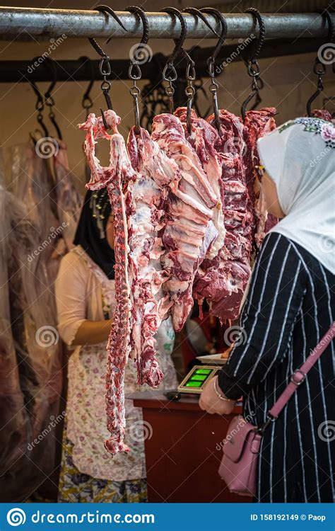 Lamb And Cow Carcass Meat On Hooks Editorial Stock Image Image Of