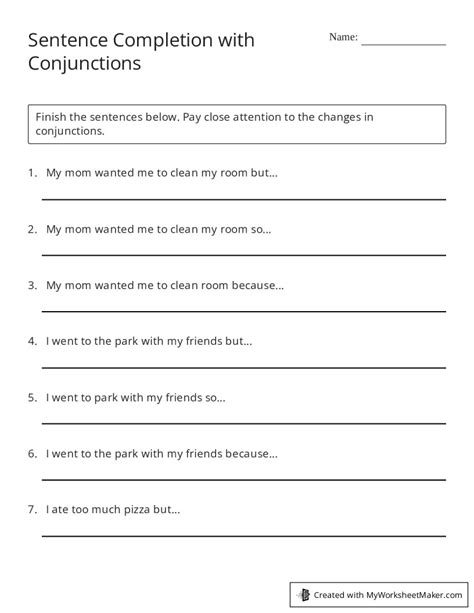 Sentence Completion With Conjunctions My Worksheet Maker Create Your