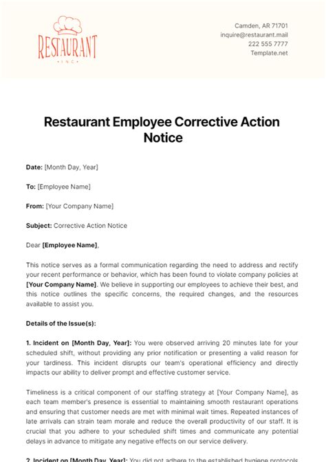 Free Restaurant Employee Corrective Action Notice Template To Edit Online