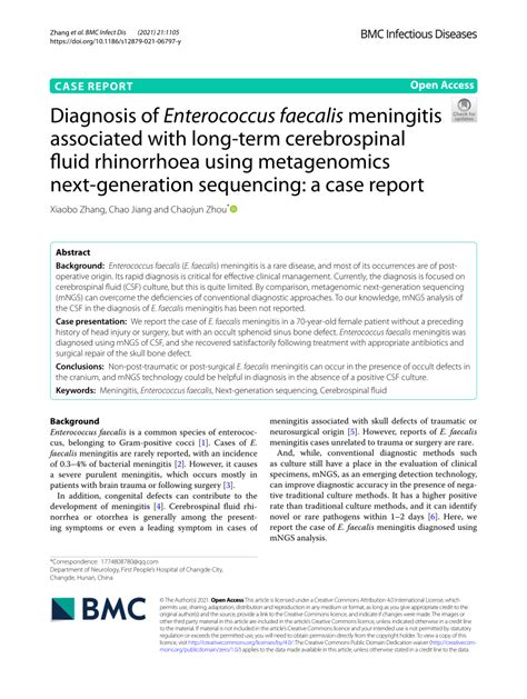 Pdf Diagnosis Of Enterococcus Faecalis Meningitis Associated With Long Term Cerebrospinal