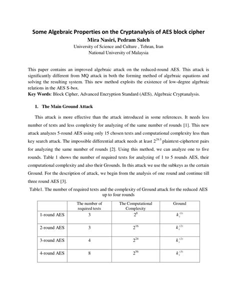 Pdf Some Algebraic Properties On The Cryptanalysis Of Aes Block Cipher