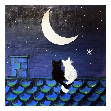 Cats On The Roof With Night Sky Ideias Para Telas Ideias Criativas