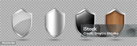 3d 사실적인 금속 나무 및 투명 방패 세트 보호와 보안의 상징 벡터 3d 일러스트 레이 션 3차원 형태에 대한 스톡 벡터 아트 및 기타 이미지 Istock