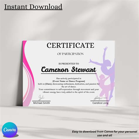 Dance Certificate Canva Printable Dance Certificate Custom Dance Certificate Certificate For