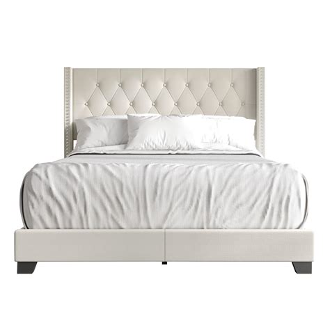 Castle Place Nailhead Trim Wingback Linen Upholstered Bed Warm Grey