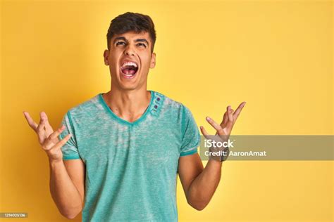 녹색 티셔츠를 입은 젊은 인도 남자가 고립 된 노란색 배경 위에 서서 미친 듯이 외치고 공격적인 표정과 팔을 들고 소리쳤다 좌절