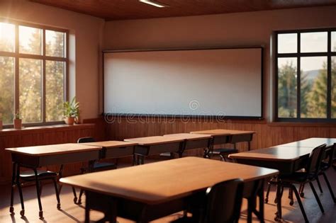 Empty Modern Classroom With Blank Whiteboard Bright Sunny Education Environment Stock
