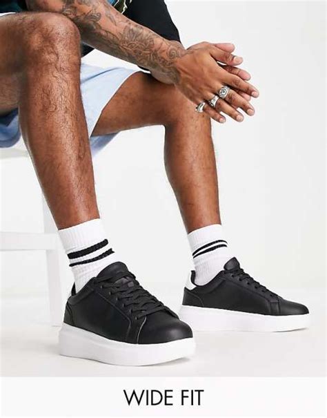 Truffle Collection Wide Fit Flatform Lace Up Trainers In Black Asos