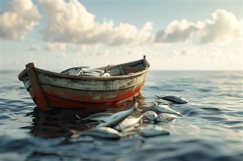 Fishermans Boat Catching A Lot Of Fish Premium AI Generated Image