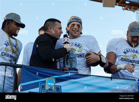 South Dakota State Jackrabbits Quarterback Mark Gronowski Being Interviewed After Winning The