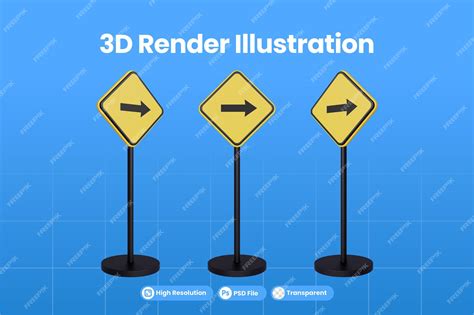 우회전 교통 프리미엄 Psd의 노란색 삼각형 경고 표시 기호의 3d 렌더링 교통 표지 프리미엄 Psd 파일