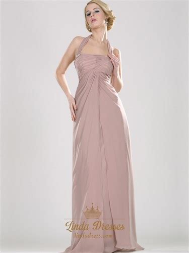 Skin Pink Chiffon A Line Halter V Neck Prom Dress With Pleated Bust