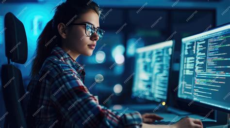 Premium Photo Focused Female Programmer Working In A Dark Office