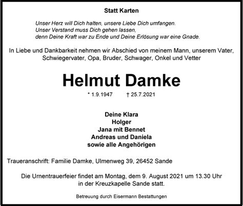 Traueranzeigen Von Helmut Damke Nordwest Trauerde