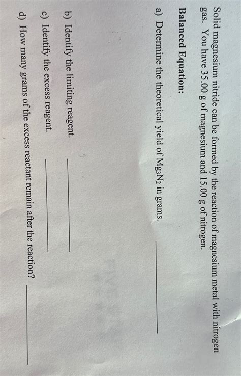 Solved Solid Magnesium Nitride Can Be Formed By The Reaction