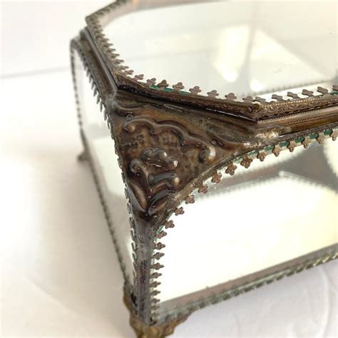 Vintage Mirrored Glass Jewelry Box Lidded Trinket Wish Dresser Box