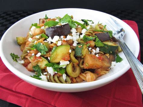 Eggplant And Zucchini Pasta With Chickpeas Olives And Feta